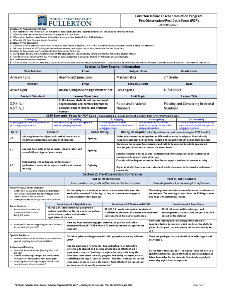 Observation Pop Cycle Fons 1 2 3 4 | PDF | Pedagogy | Lesson Plan