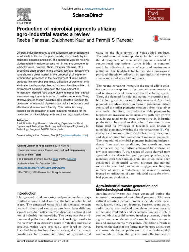 Production of Microbial Pigments Utilizing Agro-Industrial Waste: A ...