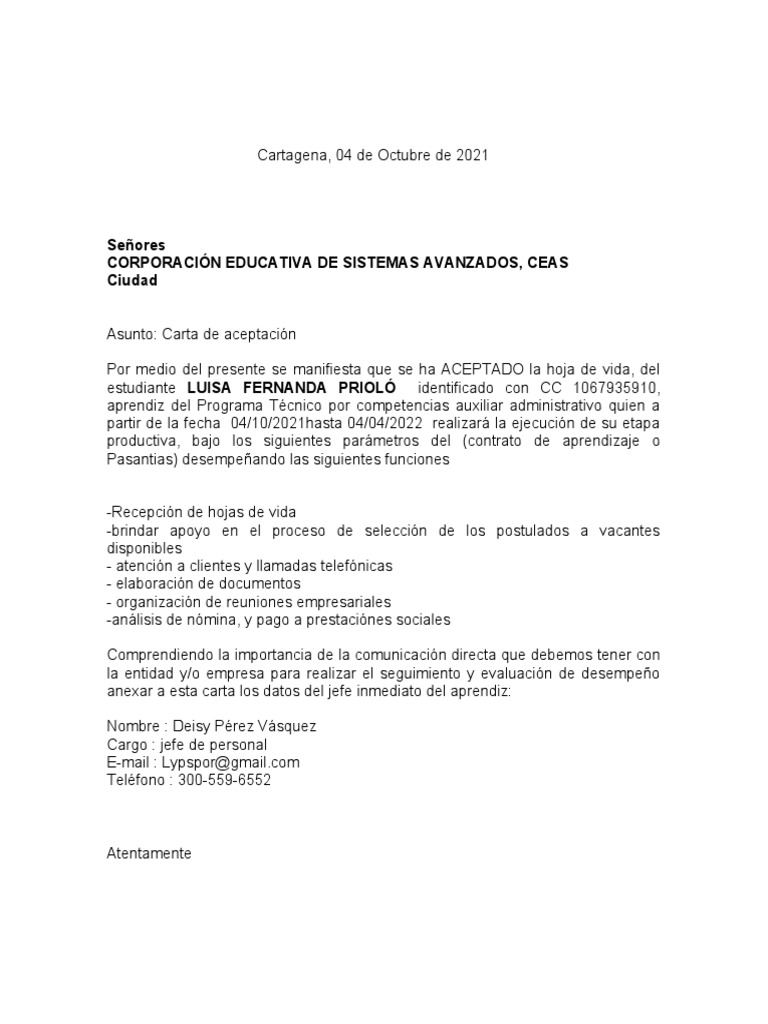 Carta De Aceptación De Empleado Carta Para La Modificación De Las