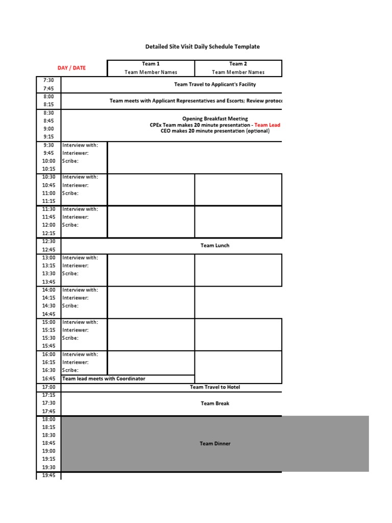 Daily Site Visit Schedule Template | PDF