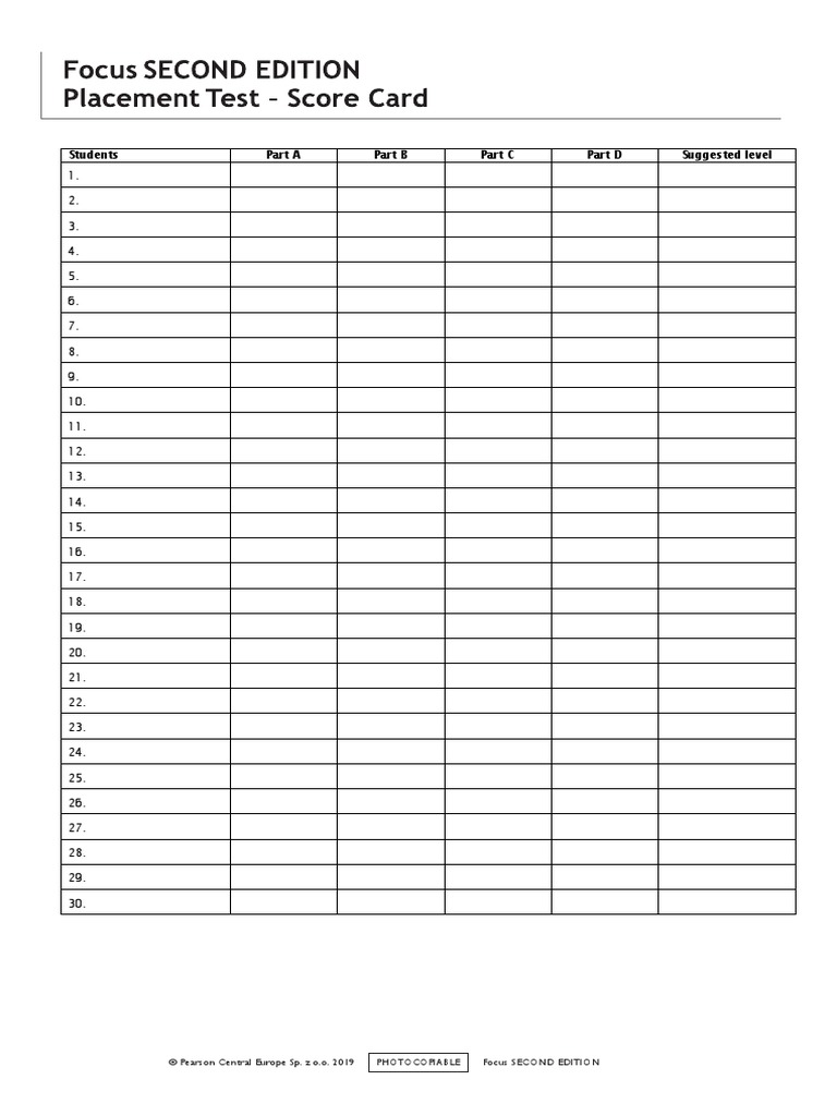 Focus 2e Placement Test Score Card | PDF