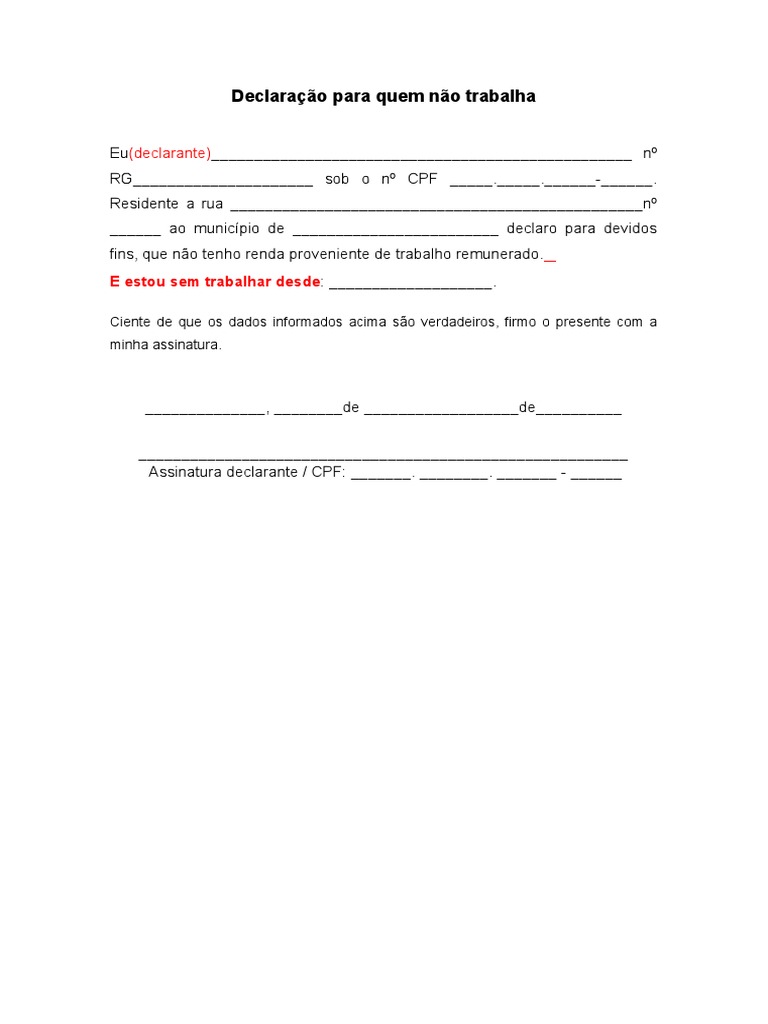 Declaração de Que Não Trabalha | PDF Declaração de Que Não Trabalha | PDF