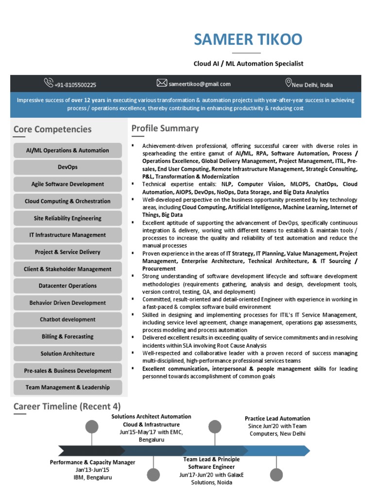Sameer Tikoo: Core Competencies Profile Summary | PDF | Cloud Computing | Scripting Language