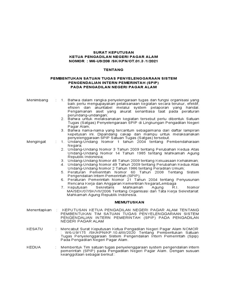 SK Pembentukan Satuan Tugas Penyelenggaraan Sistem Pengendalian Intern ...