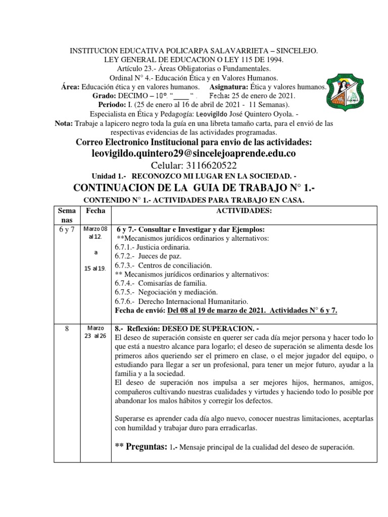 Guia Etica Decimo - Segunda Parte 1er Periodo - 2021 | PDF