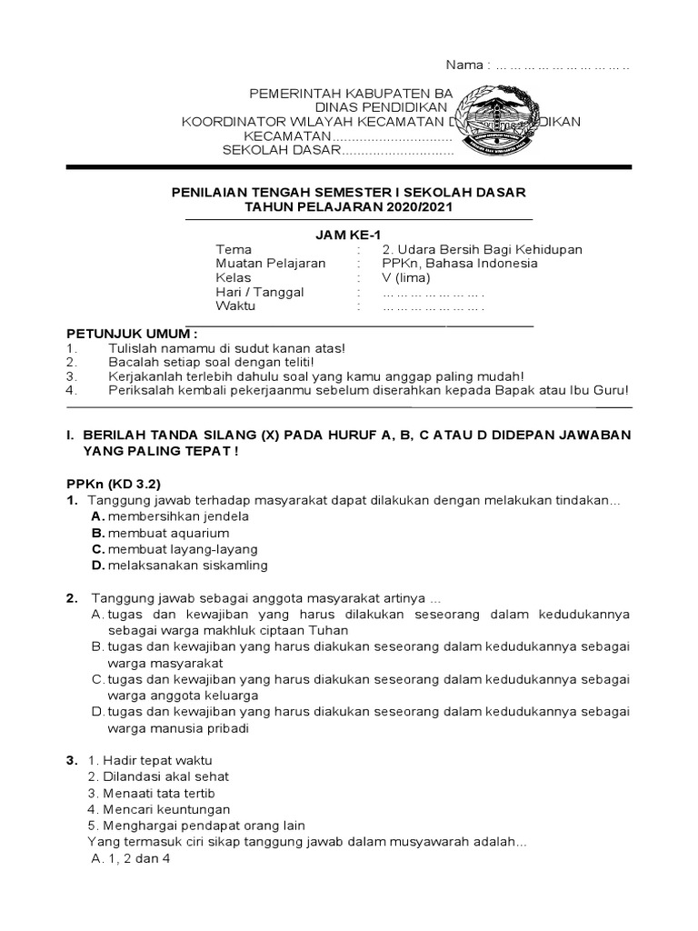 PTS KELAS 5 TEMA 2 Jam Ke 1 | PDF