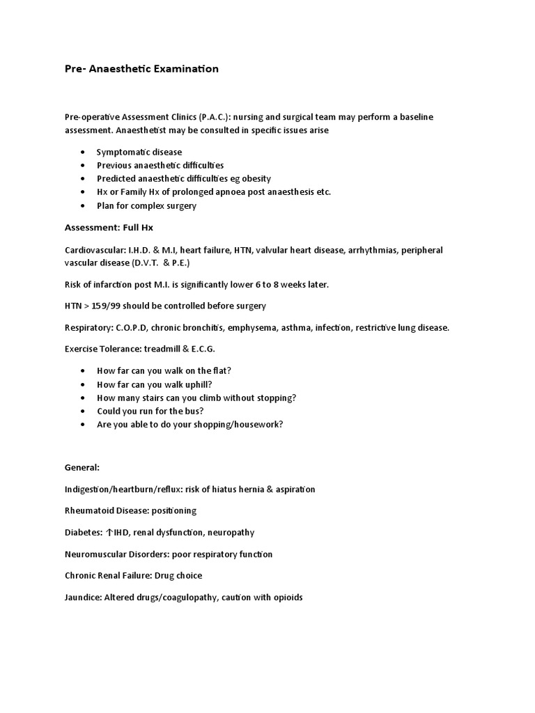 Pre-Anaesthetic Assessment Guide | PDF | Anesthesia | Cardiovascular ...