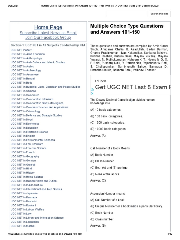 Multiple Choice Type Questions and Answers 101-150 - Free Online NTA ...