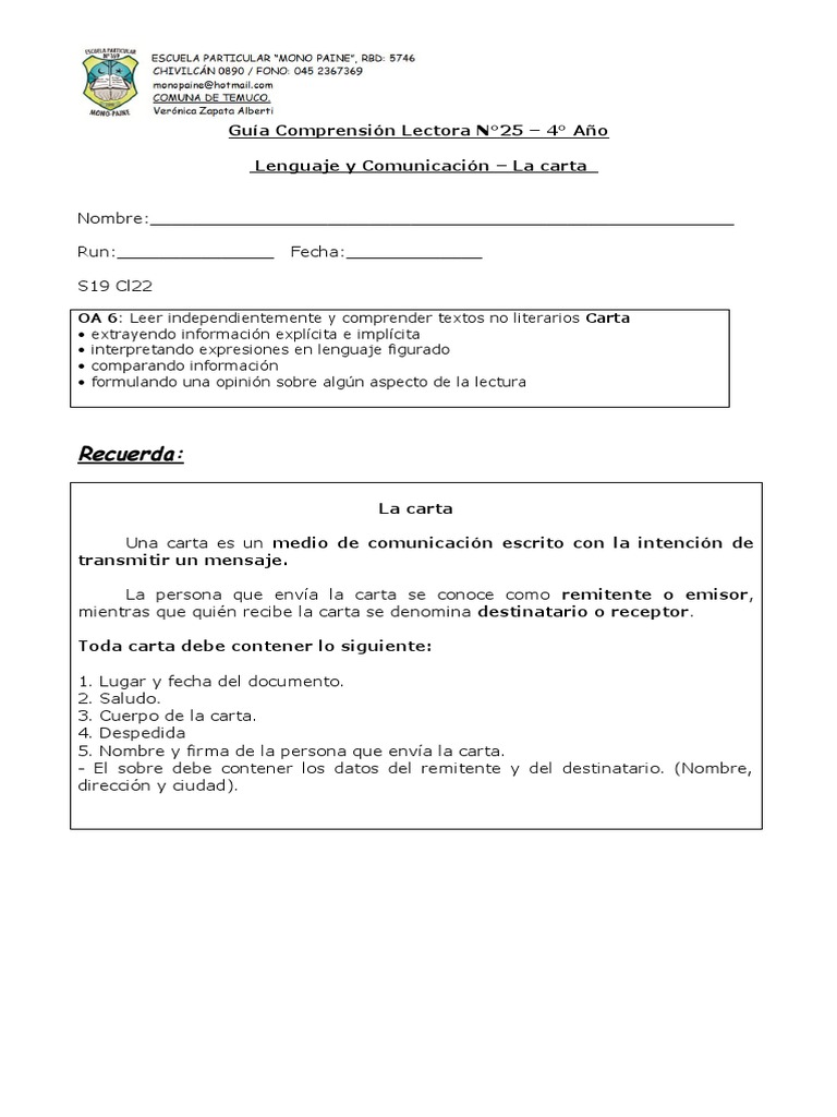 Guía Comprensión Lectora #25. La Carta | PDF | Comprensión lectora ...