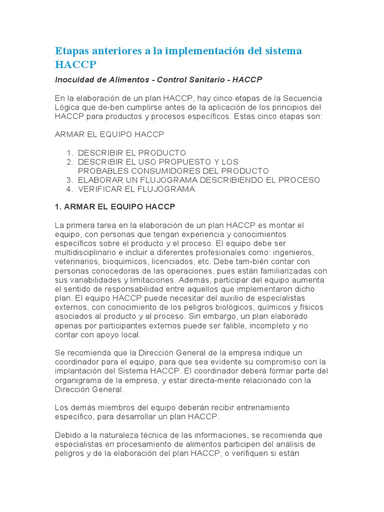 Etapas Anteriores A La Implementación Del Sistema HACCP | PDF | Análisis de Riesgo y Puntos ...