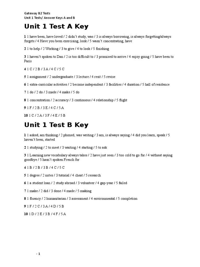 Unit 1 Test A Key: Gateway B2 Tests Unit 1 Tests/ Answer Keys A and B | PDF