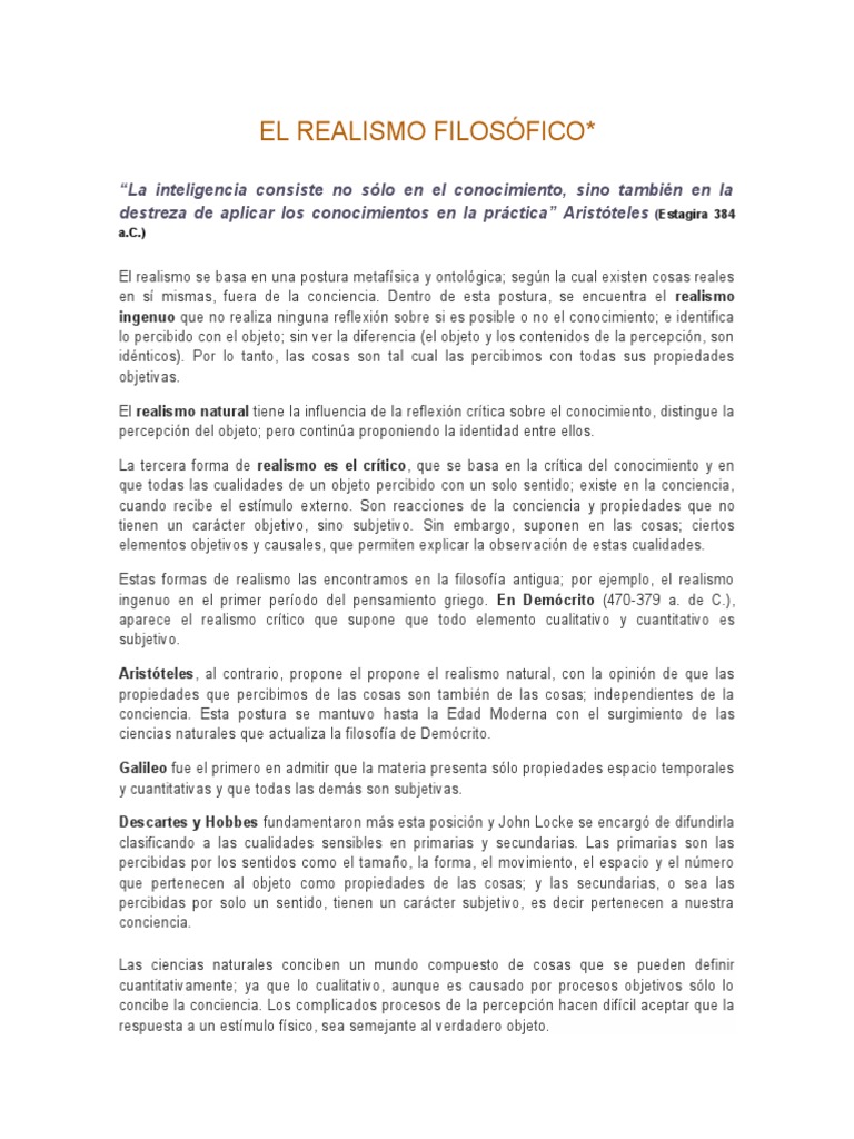El Realismo Filosófico. | PDF | Realismo filosófico | Percepción