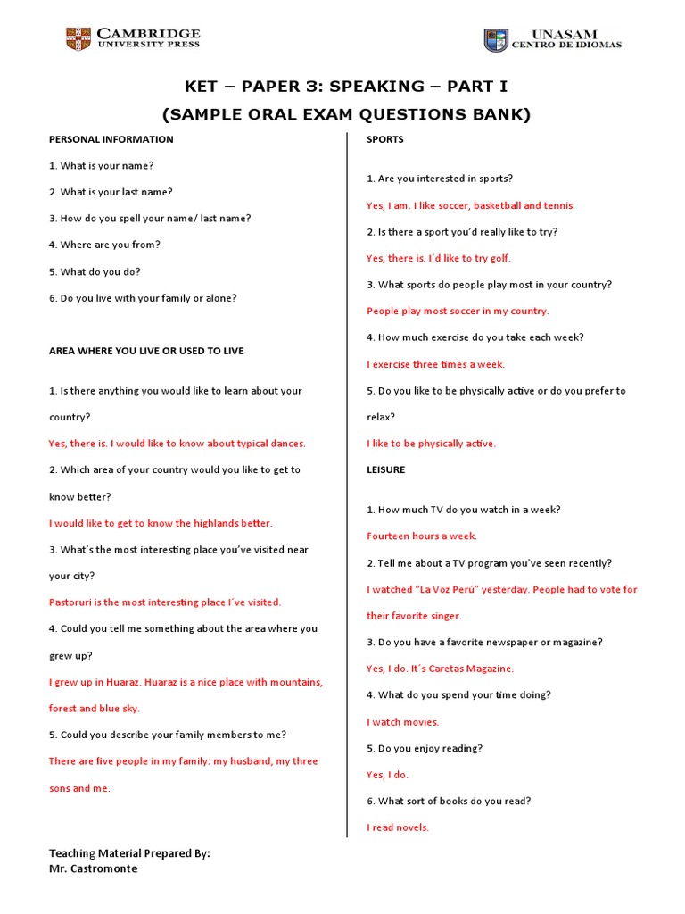 KET - OrAL EXAM With Answers. | PDF | Test (Assessment) | Sports