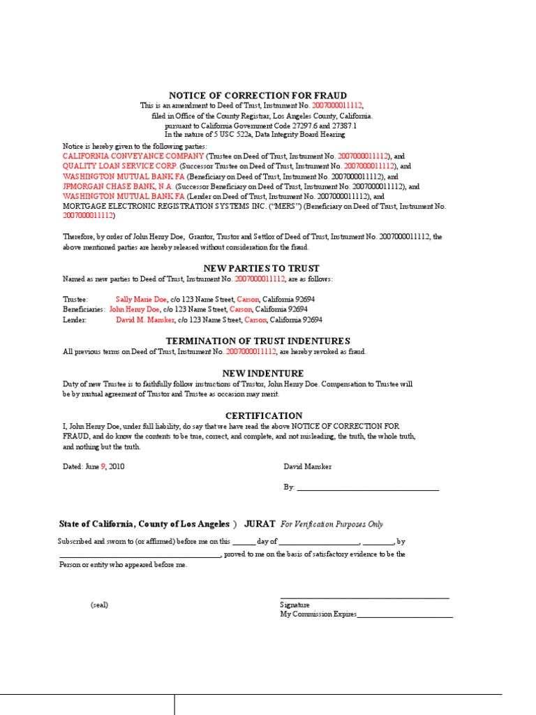 Notice of Correction for Fraud | PDF | Deed Of Trust (Real Estate ...