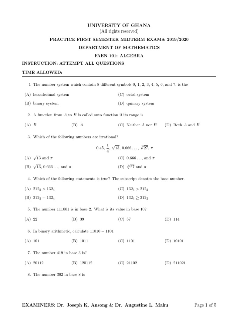 Practice First Semester Midterm Exams: 2019/2020 Department of ...