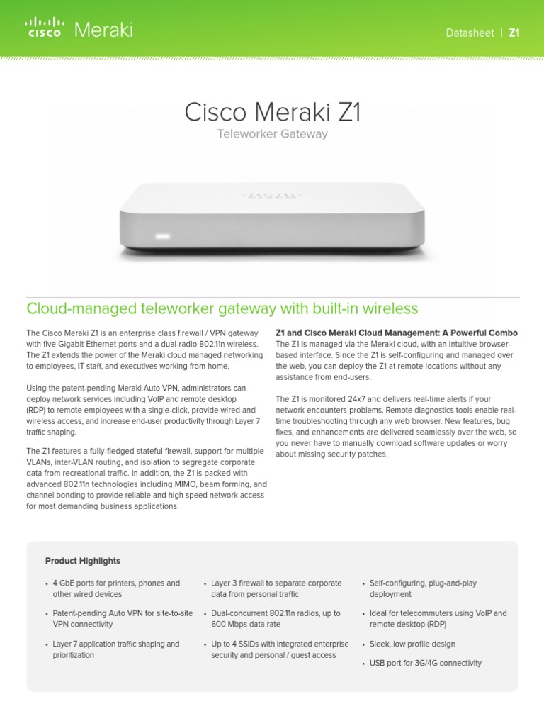 Cisco Meraki Z1: Cloud-Managed Teleworker Gateway With Built-In Wireless | Download Free PDF ...