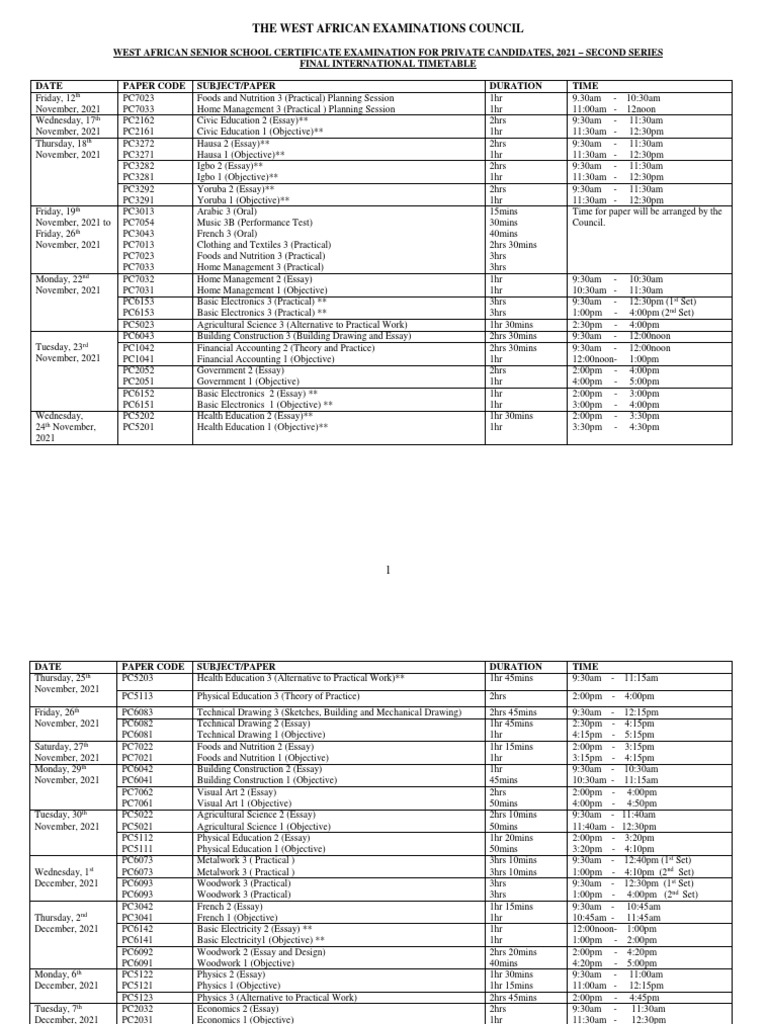 Gce Time Table-Nov 2021 | PDF