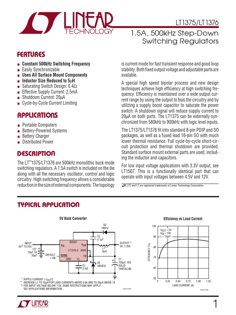 Features: Lt1375/Lt1376 1.5A, 500Khz Step-Down Switching Regulators | PDF | Amplifier | Inductor