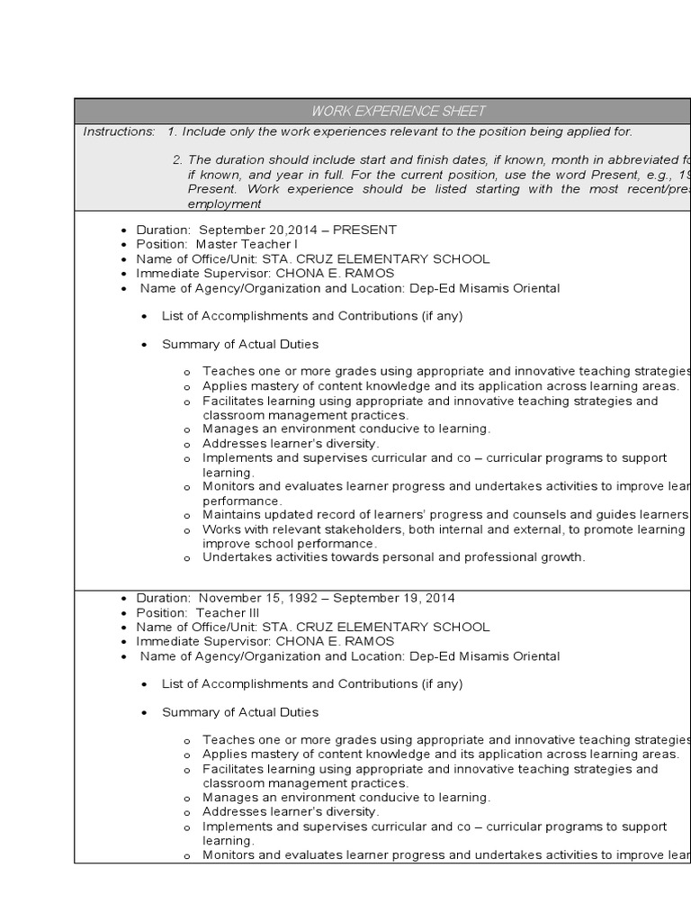 CS Form No. 212 Attachment Work Experience Sheet | PDF | Learning ...