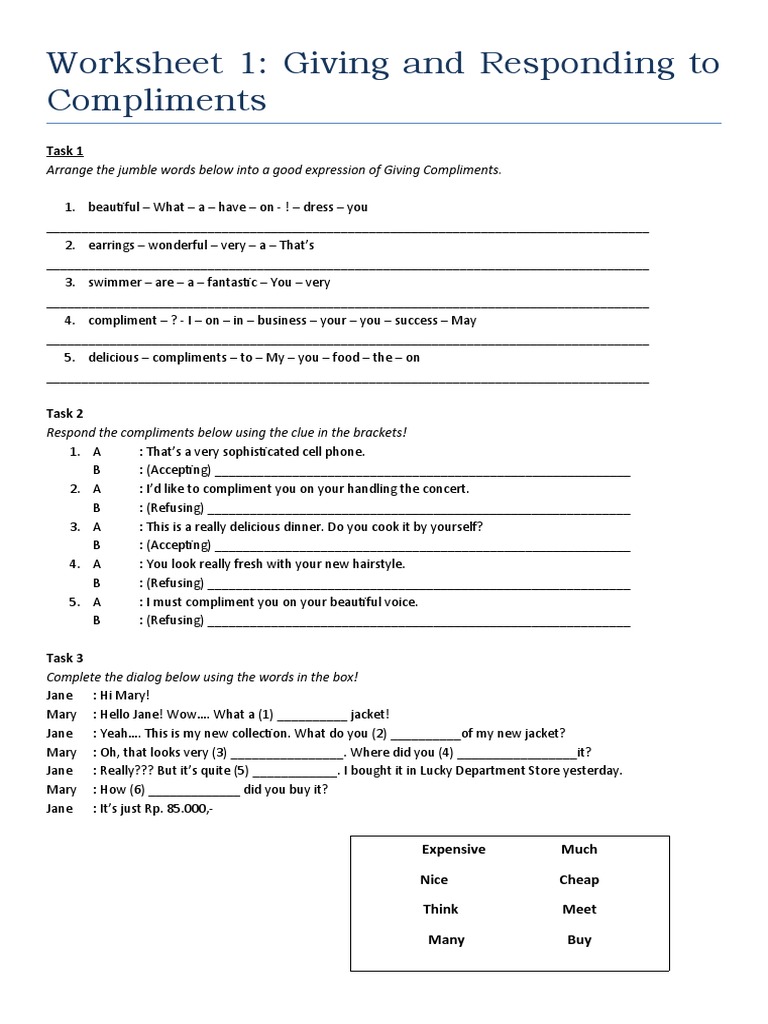 Providing and Responding to Compliments: A Worksheet on Giving and ...