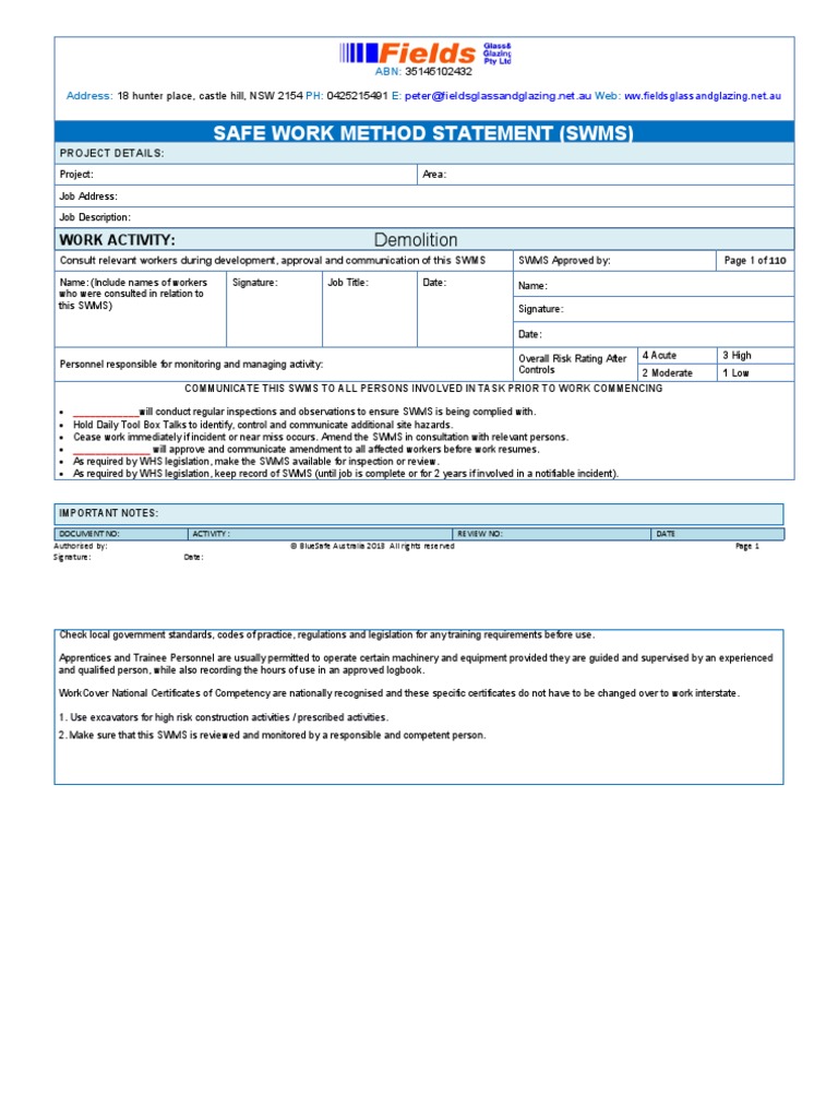 Safe Work Method Statement (SWMS) : Demolition | PDF | Personal ...