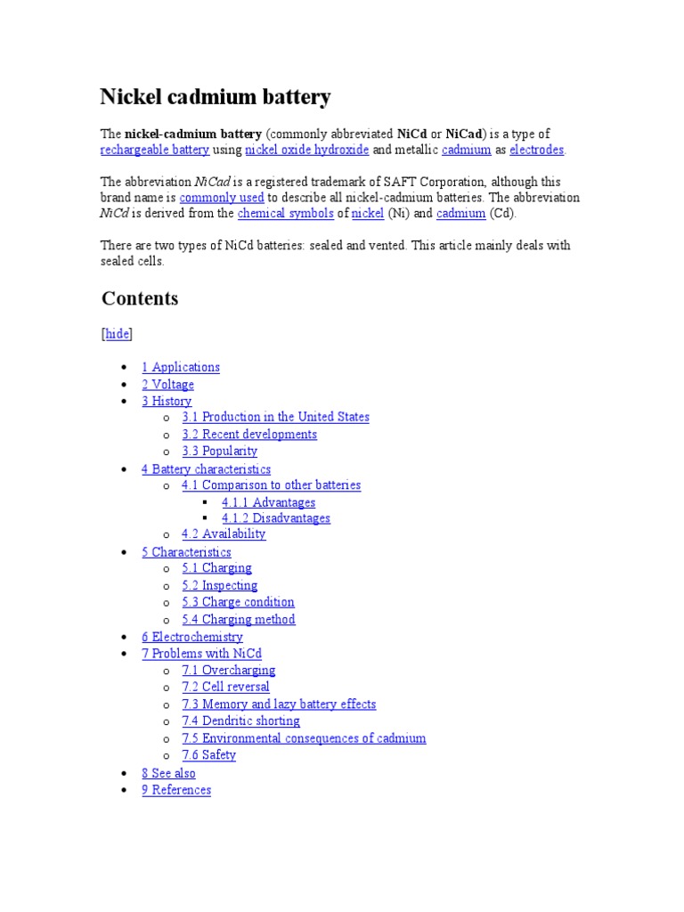 Nickel Cadmium Battery: Nicd Is Derived From The | PDF | Rechargeable ...