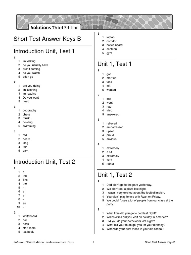 Pre-Intermediate Short Test Answer Key B | PDF