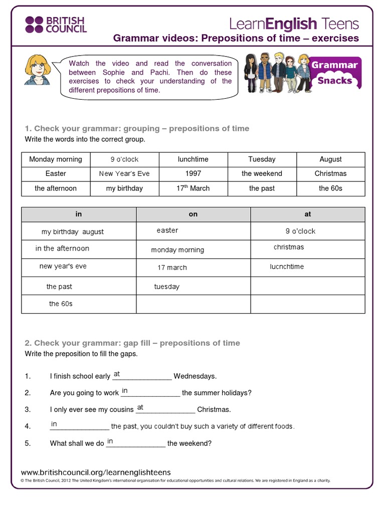 Prepositions of Time Exercises Guide | PDF | Language Arts & Discipline