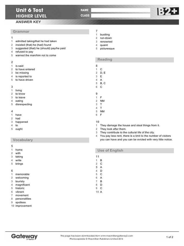 B2PLUS UNIT 6 Test Answer Key High | PDF | Cognition | Communication