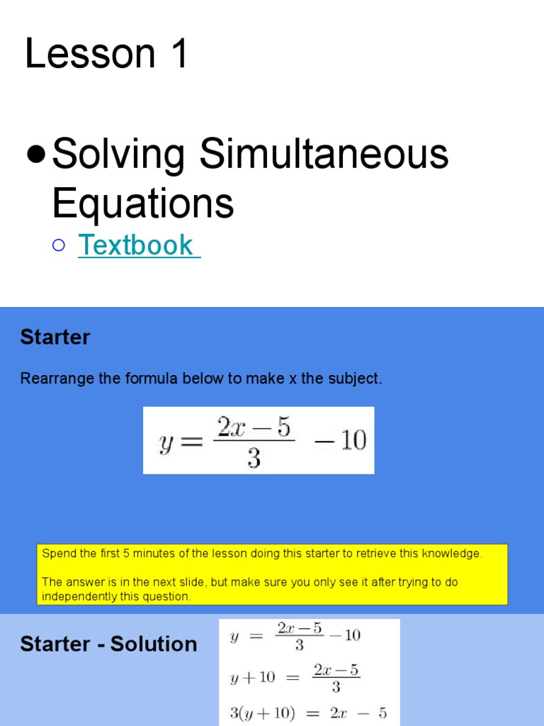 Lesson 1 Solving Simultaneous Equations: Textbook | PDF | Equations ...