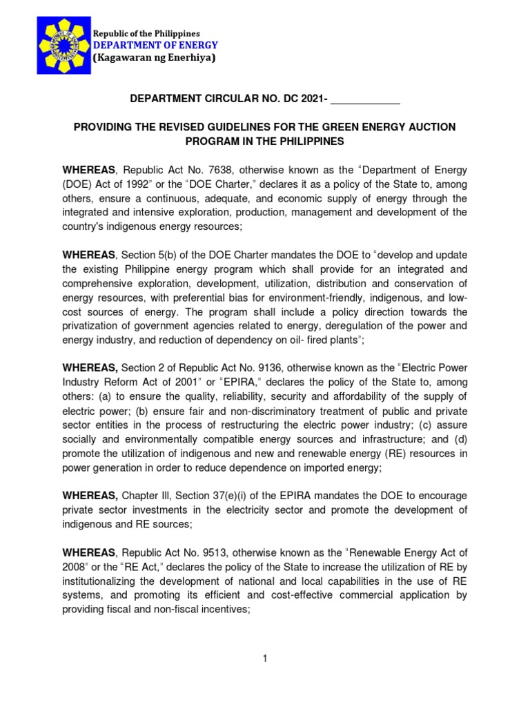 DOE Draft Department Circular - Revised Guidelines For The Green Energy ...