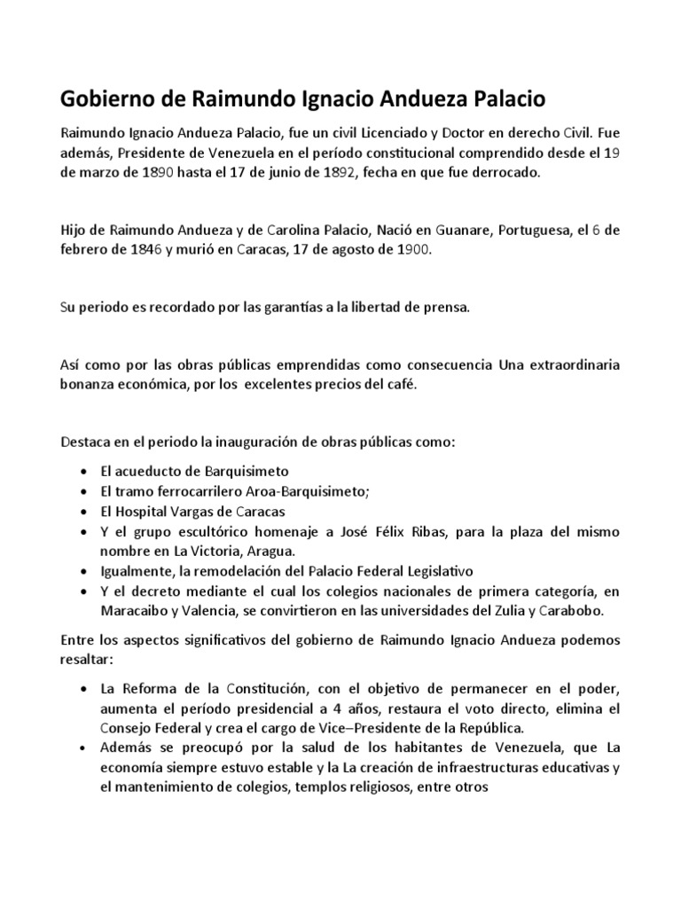 Gobierno de Raimundo Ignacio Andueza Palacio Expocision Imprimir | PDF