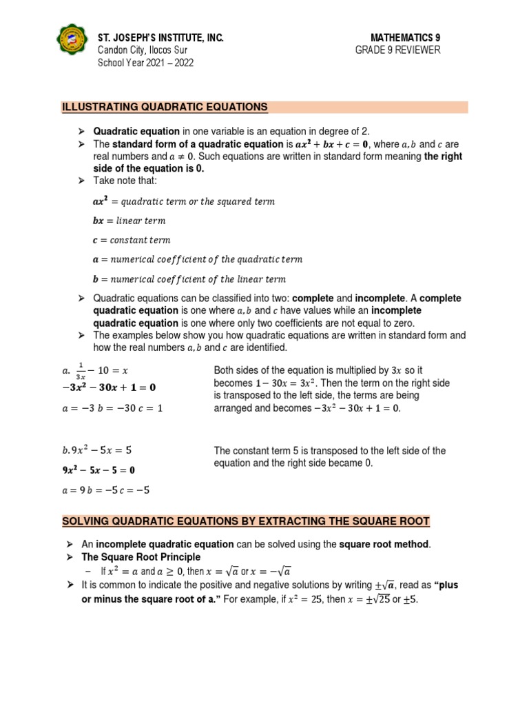 Math 9 Reviewer | PDF | Quadratic Equation | Factorization