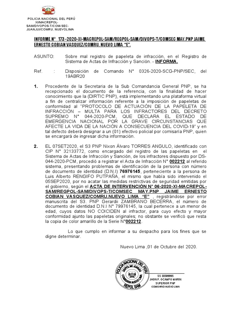 Informe PNP Papeleta Mal Impuesta | PDF