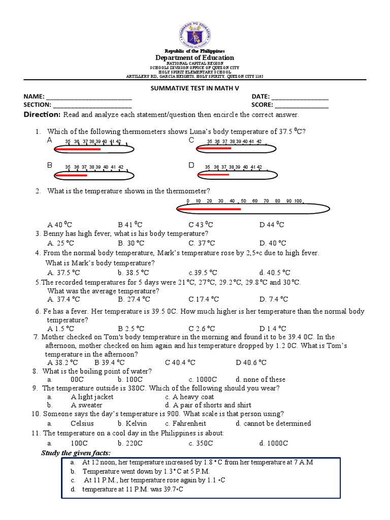 Math V Summative Test Questions | PDF | Temperature | Fahrenheit