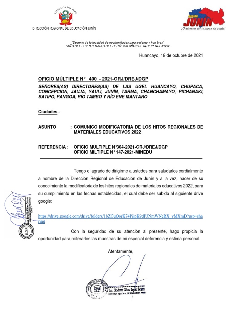 Oficio Multiple N°400-2021-Grj-Drej-Dgp | PDF