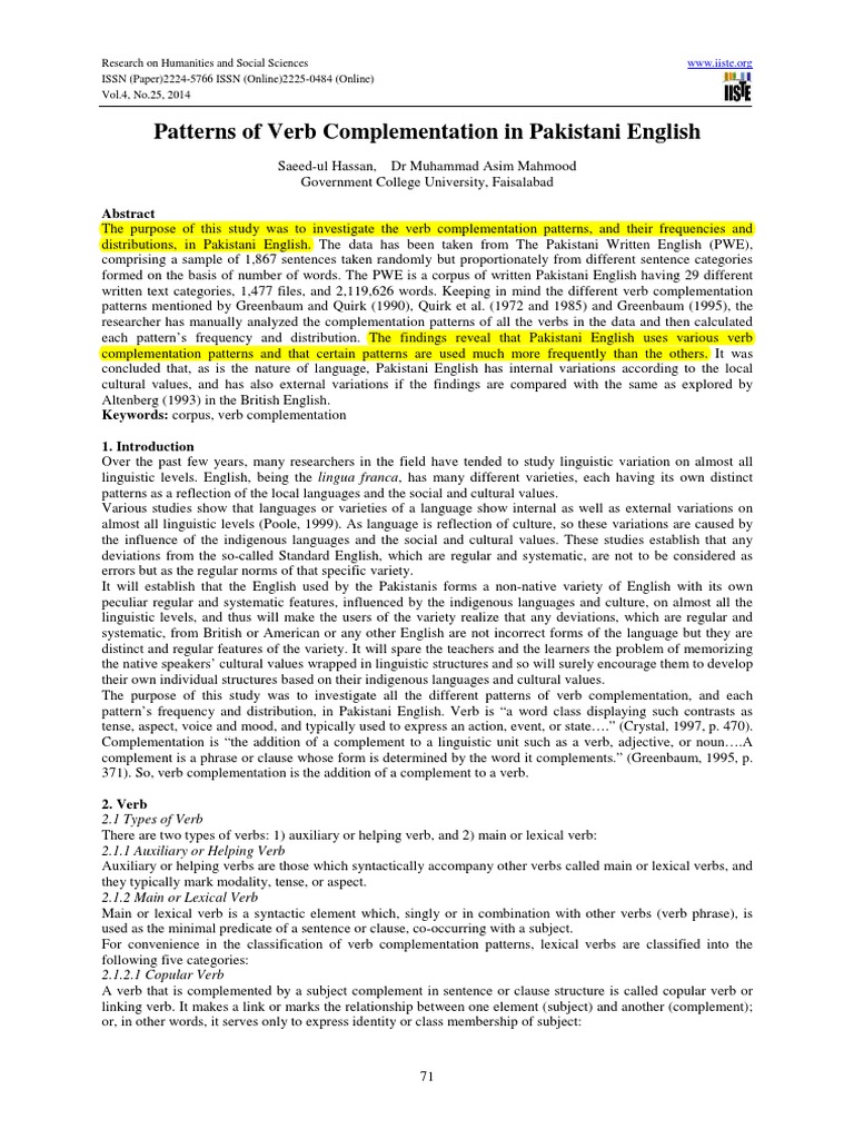 Patterns of Verb Complementation in Pakistani English | PDF | Verb | Subject (Grammar)