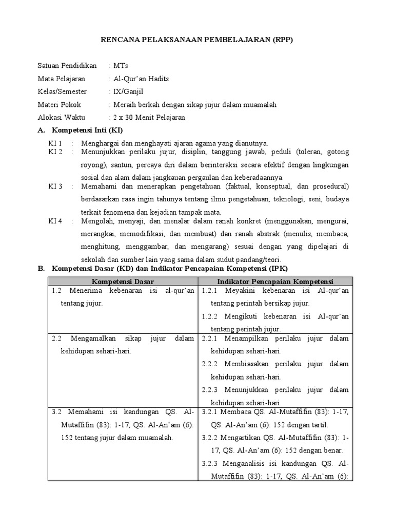 RPP Al-Qur'an Hadits Kelas 9A FIKS | PDF