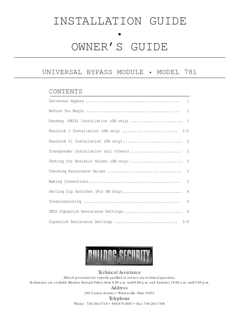Installation Guide - Owner'S Guide: Universal Bypass Module - Model 781 ...