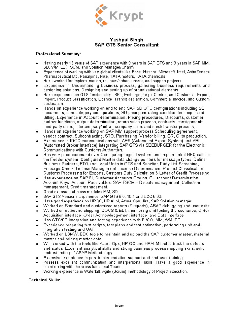 Krypt GTS Consultant Yashpal Singh | PDF | Electronic Data Interchange | Customs