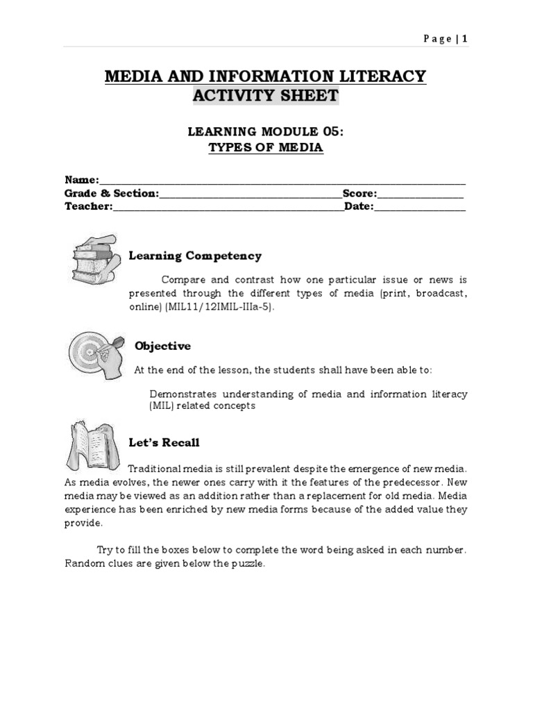 Media and Information Literacy Activity Sheet: Learning Module 05 ...