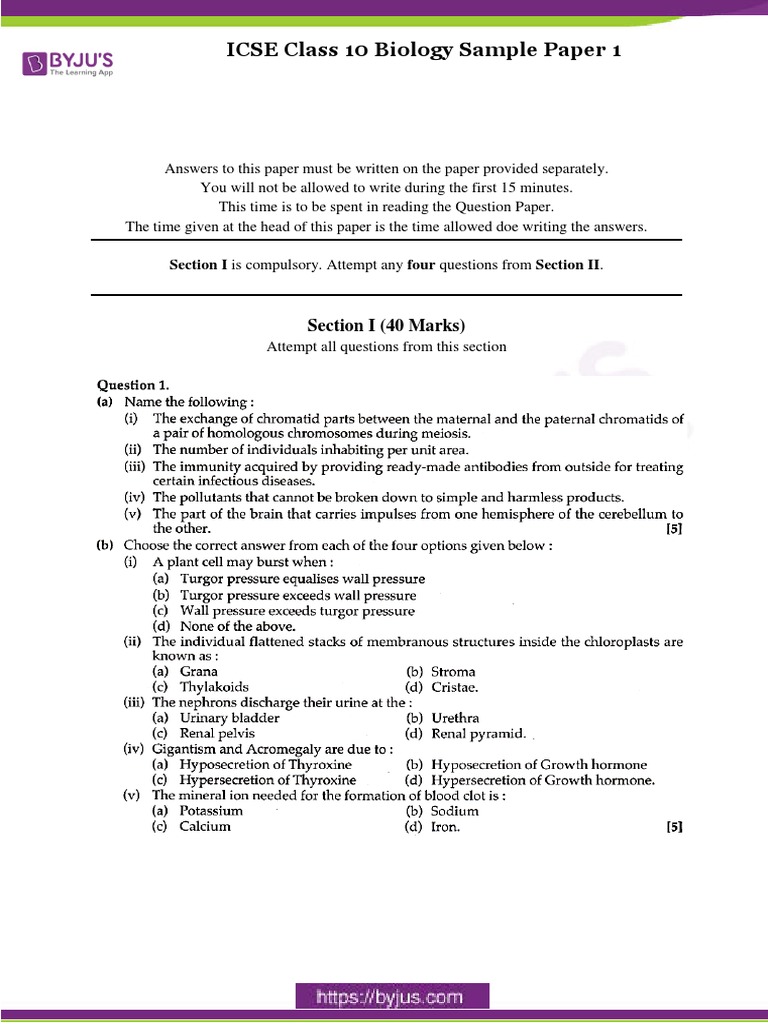 ICSE Class 10 Biology Sample Paper 1 | PDF