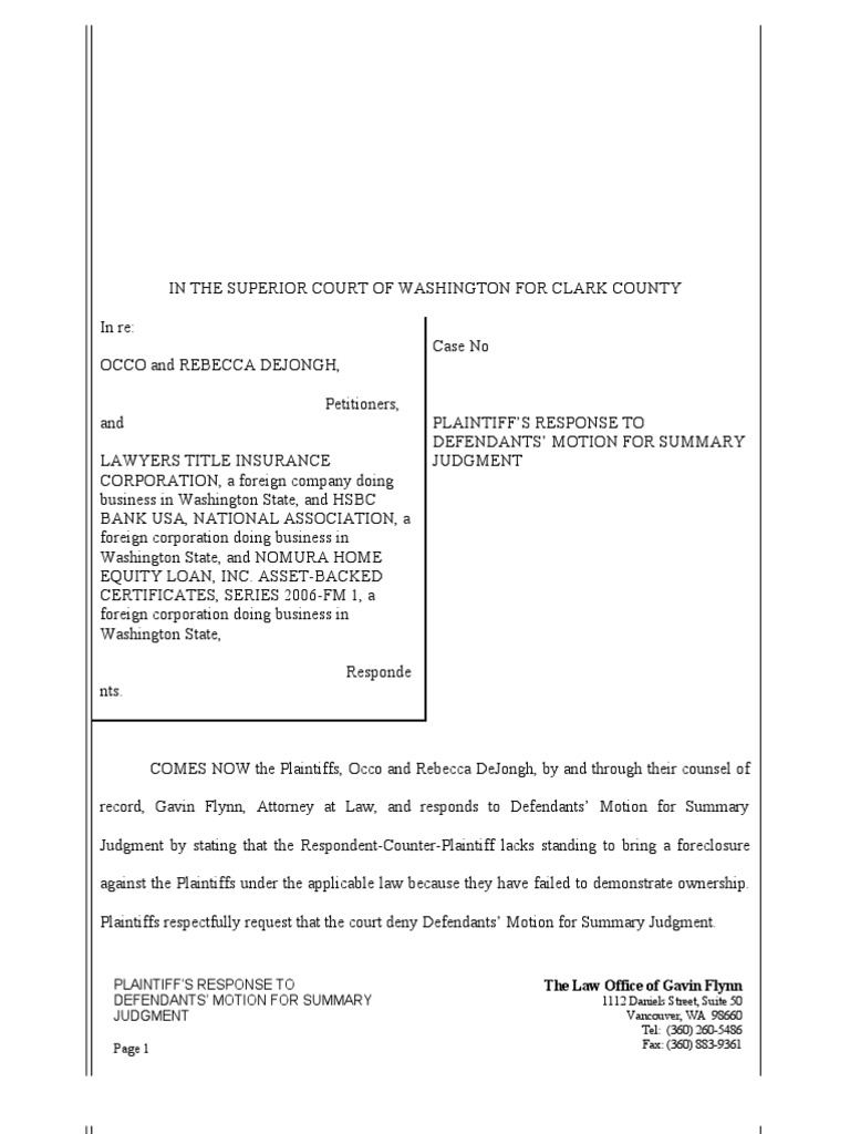 Response To Motion For Summary Judgment | PDF | Mortgage Law | Foreclosure Response To Motion For Summary Judgment | PDF | Mortgage Law | Foreclosure