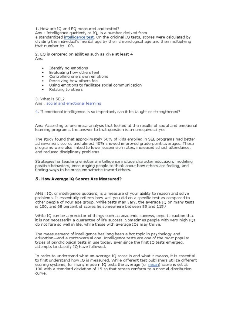 Measuring IQ and EQ: Insights and Methods | PDF | Intelligence Quotient ...