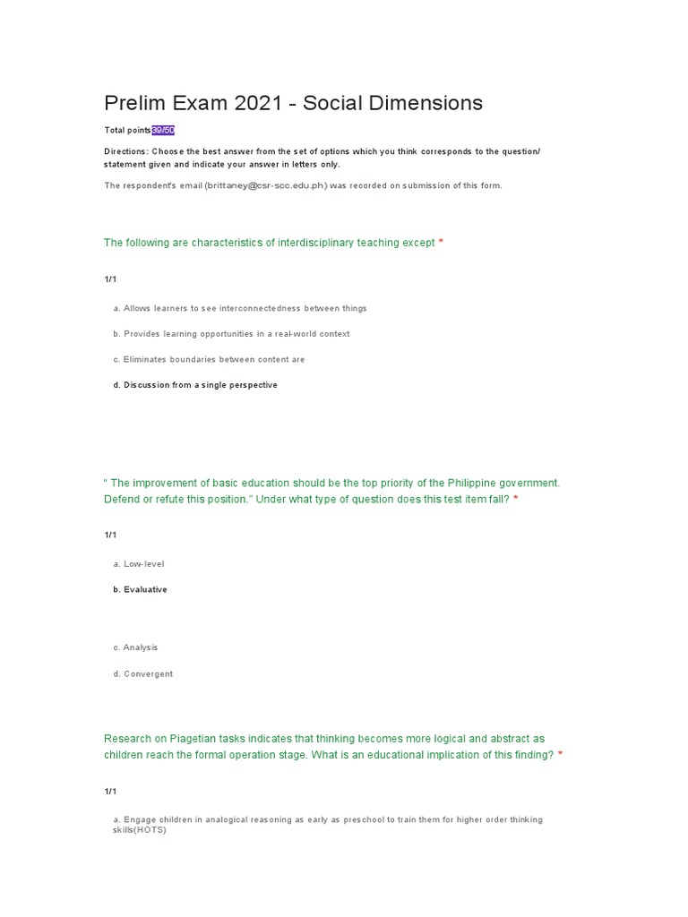 Prelim Exam 2021 - Social Dimensions | PDF | Teachers | Learning
