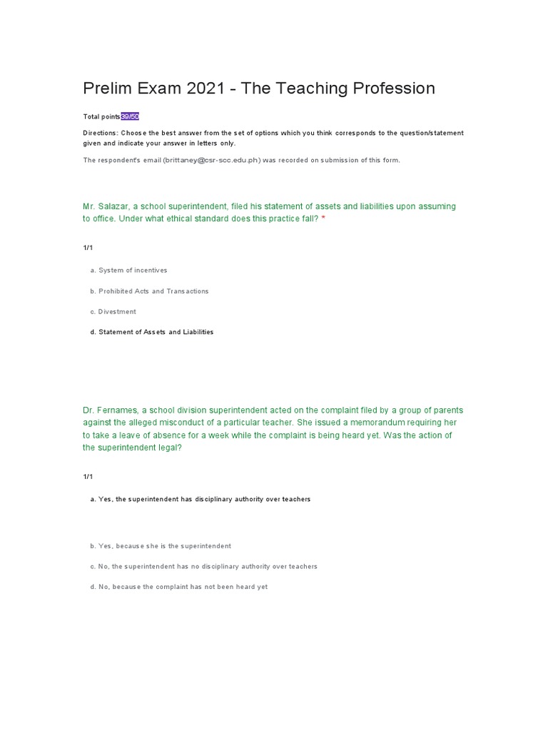 Prelim Exam 2021 - The Teaching Profession | PDF | Teachers | Human Nature