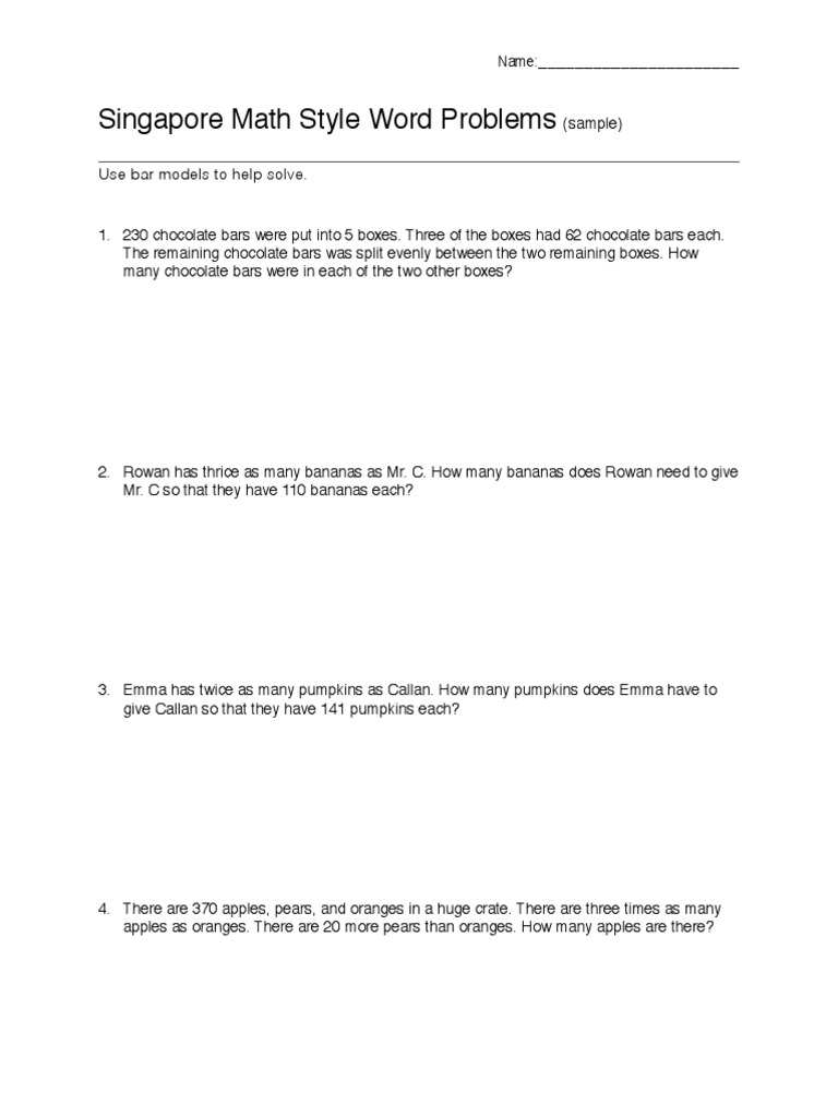 Singapore Math Style Word Problems: Name | PDF | Cooking, Food & Wine