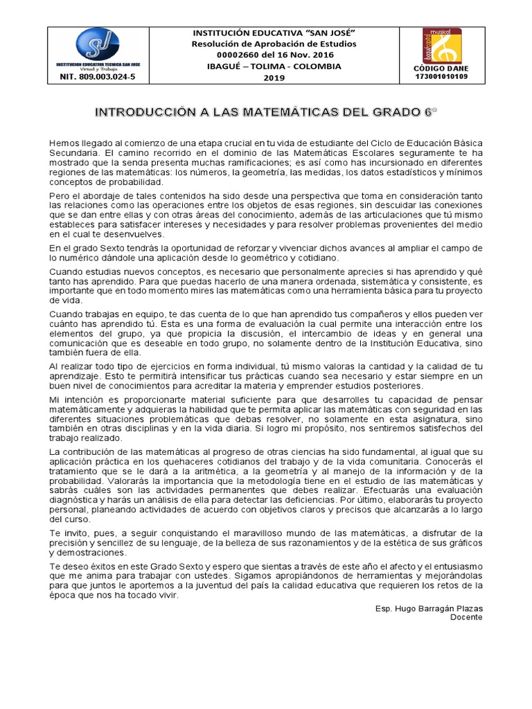 Introducción A Las Matemáticas 6° 2019 | PDF | Matemáticas | Geometría