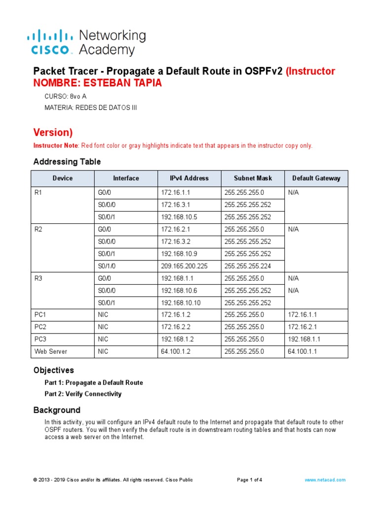 2.5.3 Packet Tracer - Propagate A Default Route in OSPFv2 - ILM | PDF | Ip Address | Router ...