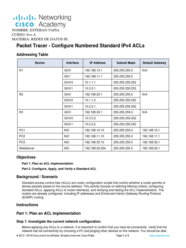 Packet Tracer - Configure Numbered Standard Ipv4 Acls: Addressing Table ...
